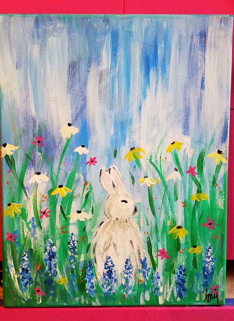 Spring Bunny in Flower Field Painting - Etsy