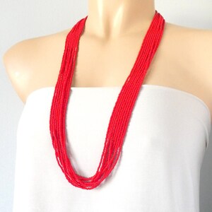 Long Red Necklace, Beaded Necklace, Seed Bead Necklace, Multistrand ...