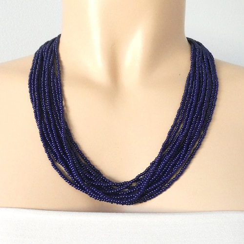 Navy Blue Necklace Dark Blue Necklace Beaded Statement - Etsy
