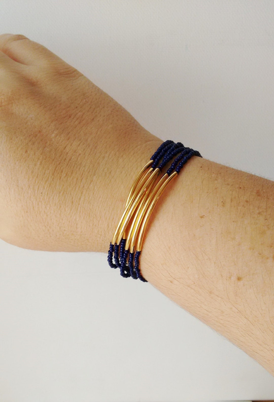Deep Navy Blue Bracelet, Bar Multi Strand Bracelet, Beaded Bracelet ...