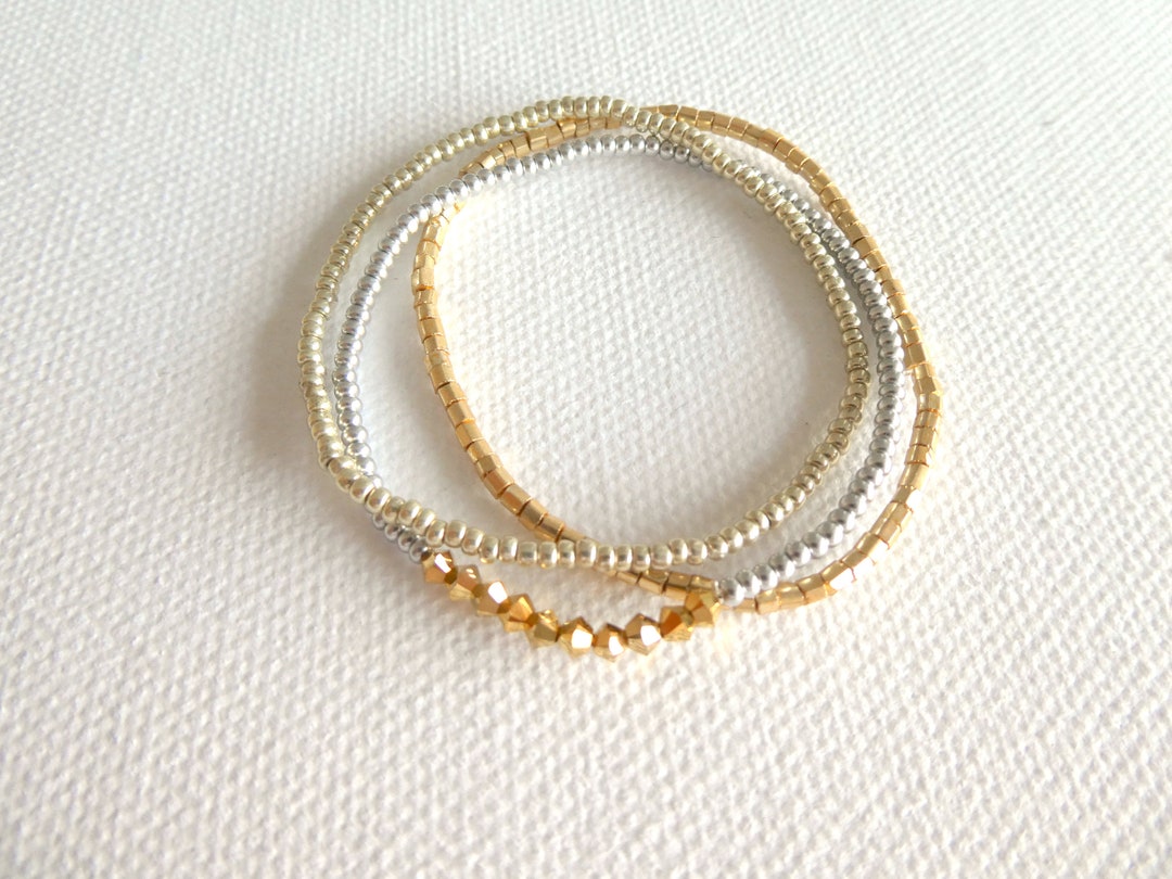 Stretchy Bracelets in Silver and Gold, Beaded Silver Bracelet, Beaded ...