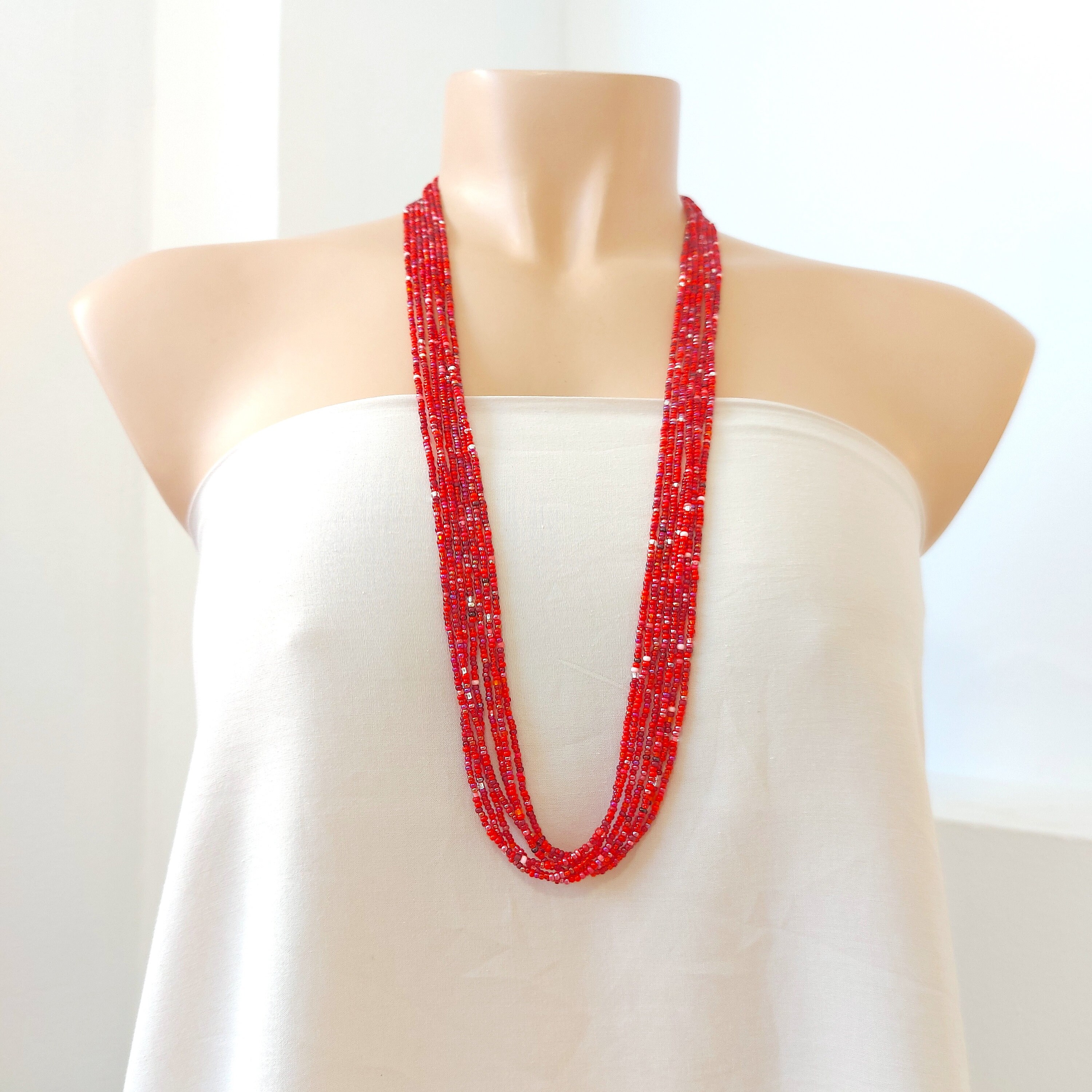 Red Necklace Long Boho Necklace Ombre Red Necklace | Etsy