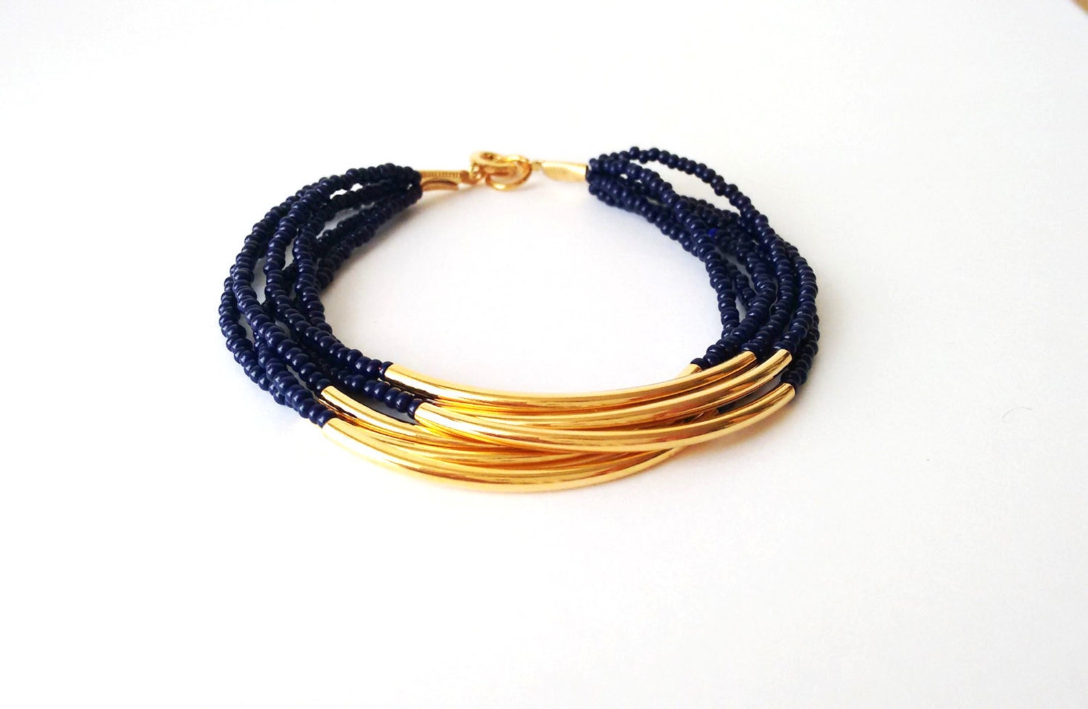 Deep Navy Blue Bracelet Bar Multi Strand Bracelet Beaded - Etsy