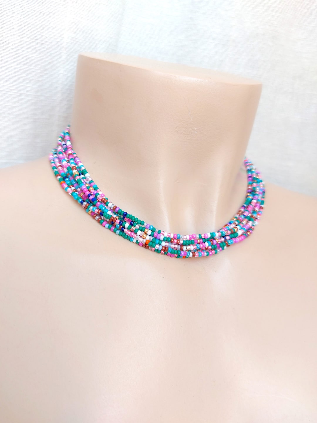 Colorful Short Necklace, Seed Bead Strand Necklace, Boho Wedding ...