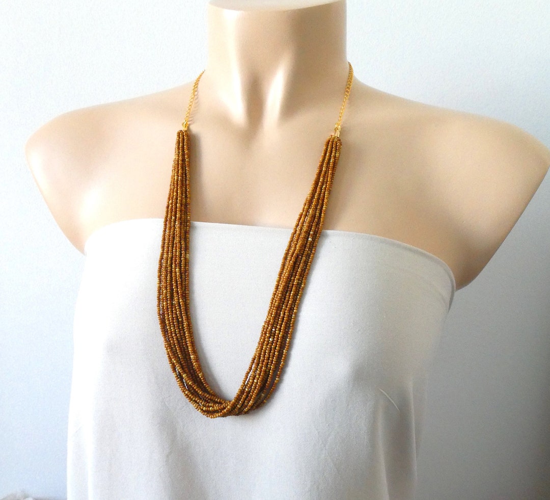 Brown Beaded Necklace, Seed Bead Boho Necklace, Tan Necklace, Long ...