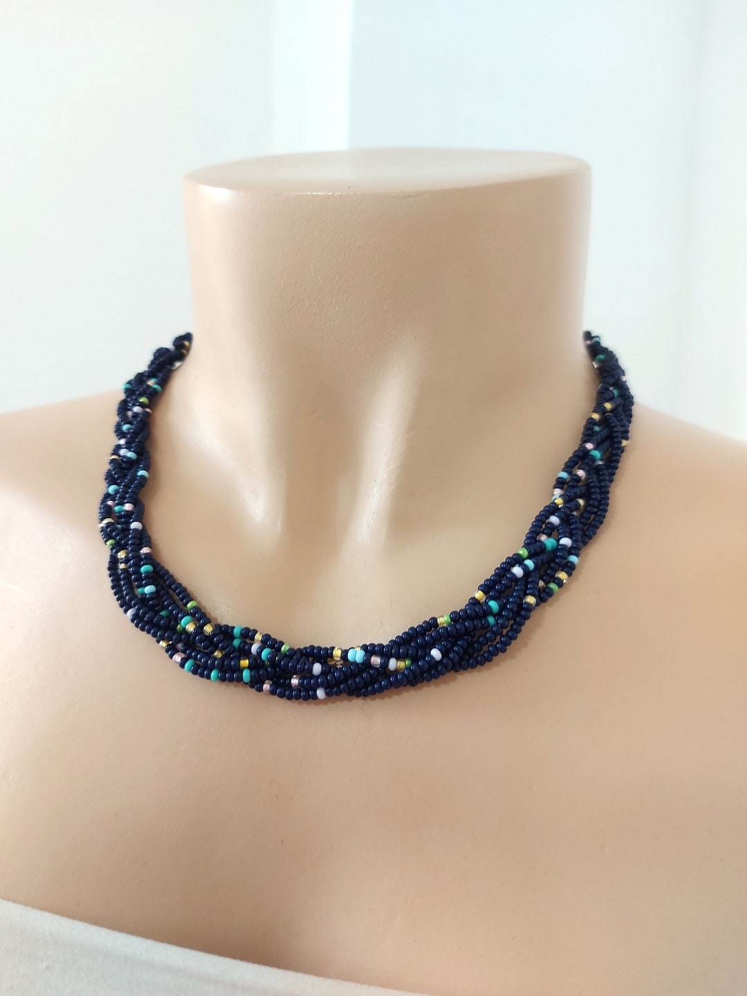 Navy Blue Boho Beaded Necklace, Braided Blue Necklace, Seed Bead ...