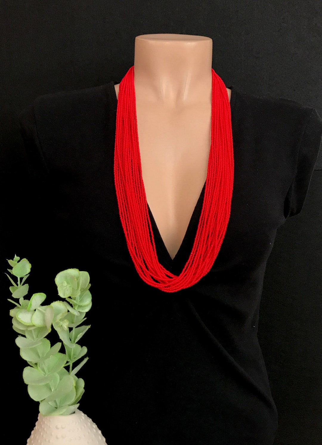 Boho Necklace, Red Statement Necklace, Beaded Necklace, Long Red ...