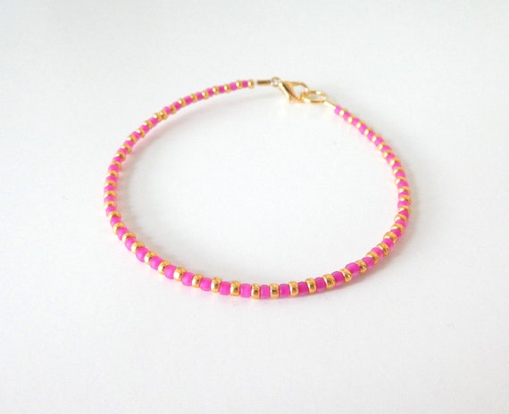 Hot Pink and Gold Minimalist Bracelet Dainty Pink Bracelet | Etsy