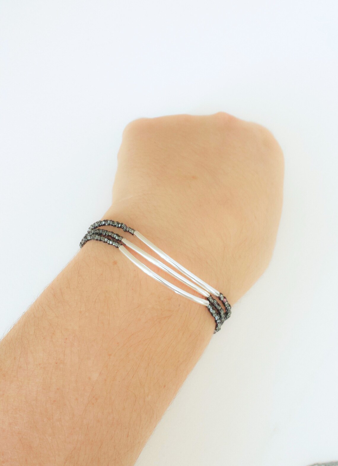 Set of 3 Charcoal Bracelets,dark Gray Bracelets, Stretchy ,seed Bead ...