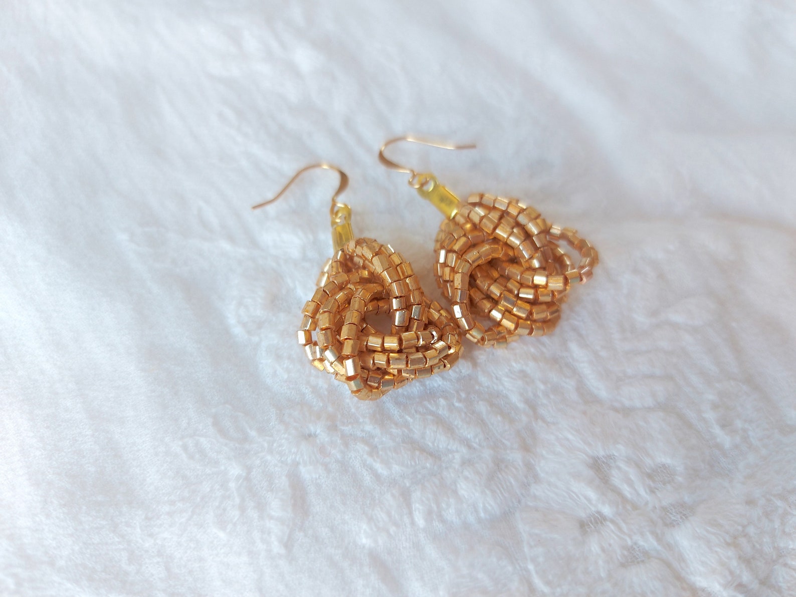 Light Gold Beaded Earrings Gold Knotselegant Earringsbeaded - Etsy