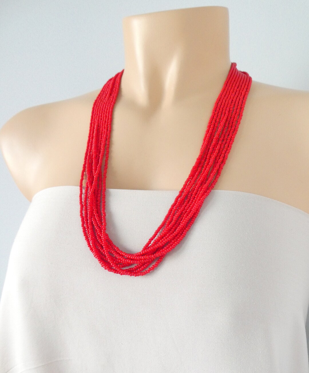 Red Beaded Necklace, Gift for Wife, Seed Bead Necklace, Multistrand ...