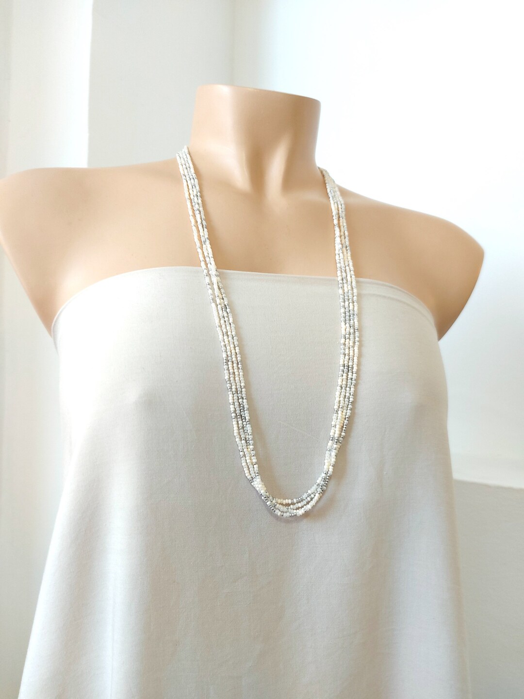 Long Multi Strand Beaded Pearl and Silver Necklace - Etsy