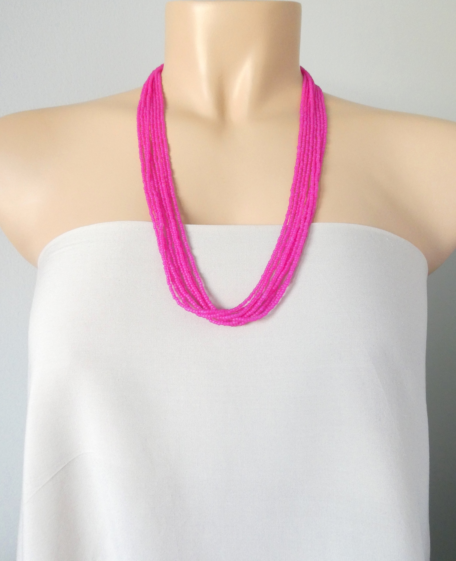 Hot Pink Necklace, Neon Pink Necklace, Fuchsia Multistrand Necklace ...