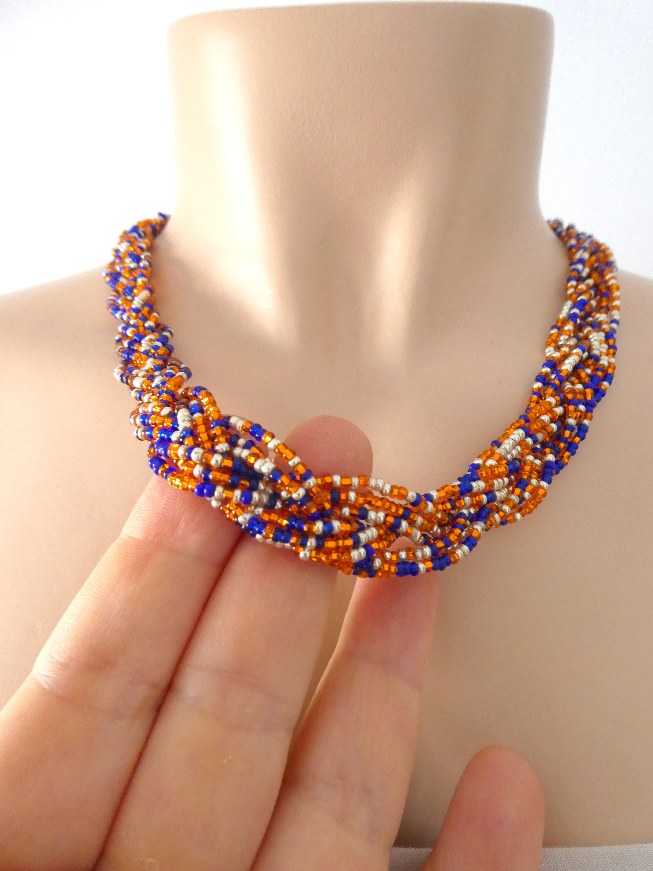 Boho Necklace Seed Bead Necklace Blue Necklace Orange | Etsy