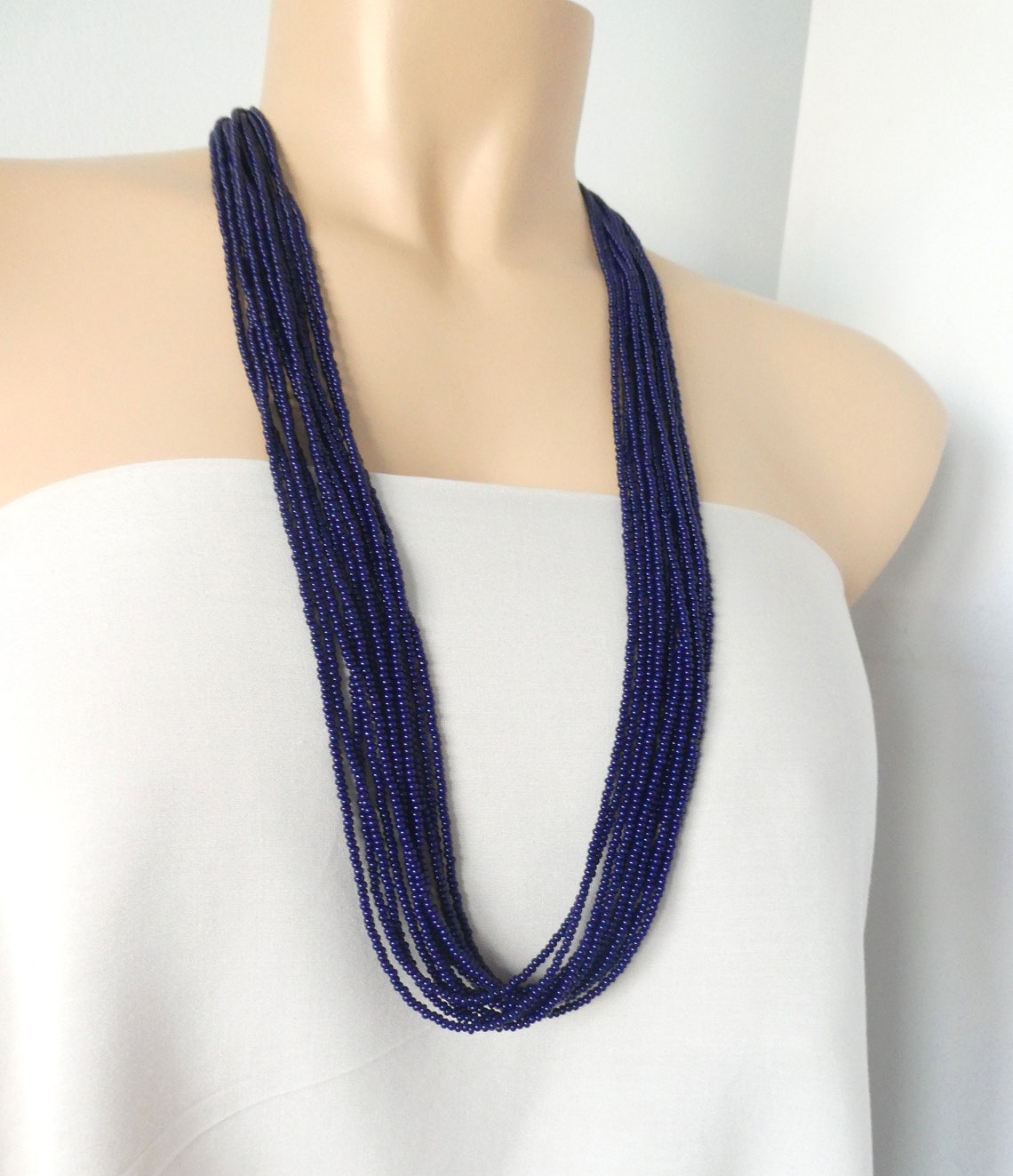 Long beaded navy blue necklace dark blue necklace statement | Etsy