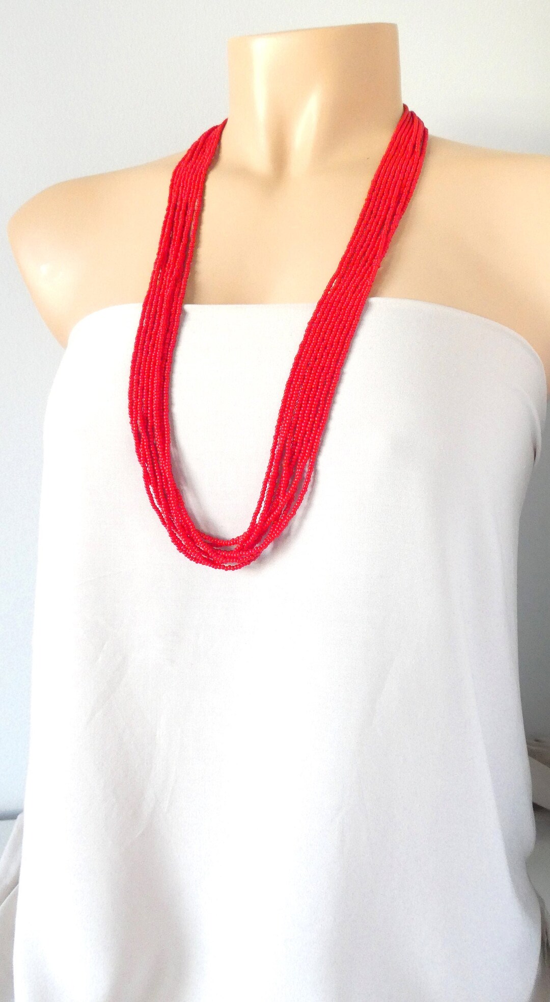 Long Red Necklace, Beaded Necklace, Seed Bead Necklace, Multistrand ...