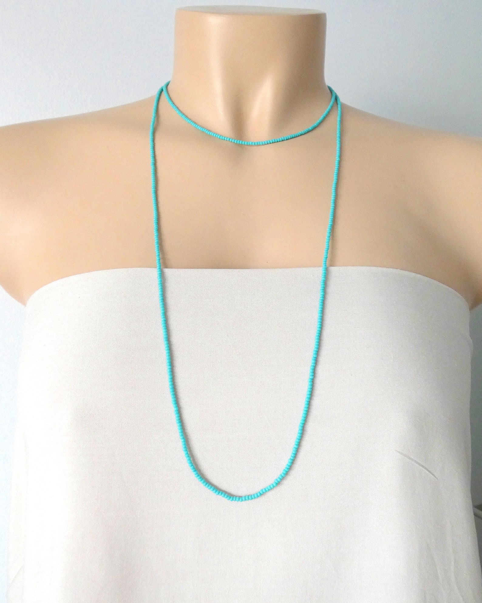 Long Dainty Beaded Turquoise Necklace Boho Necklace Aqua | Etsy