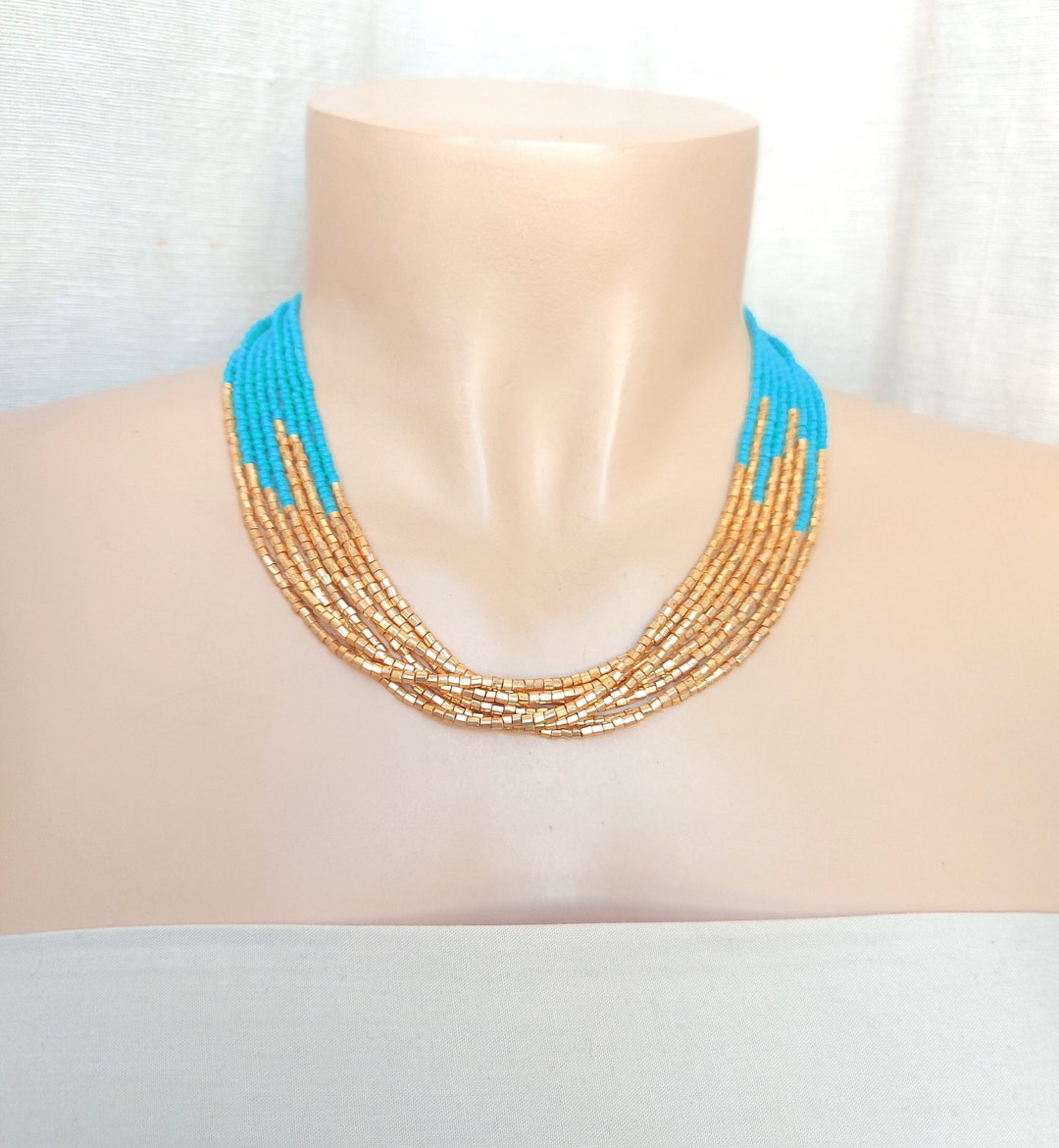 Turquoise and Gold Beaded Necklace, Retro Inspired Necklace, Seed Bead ...