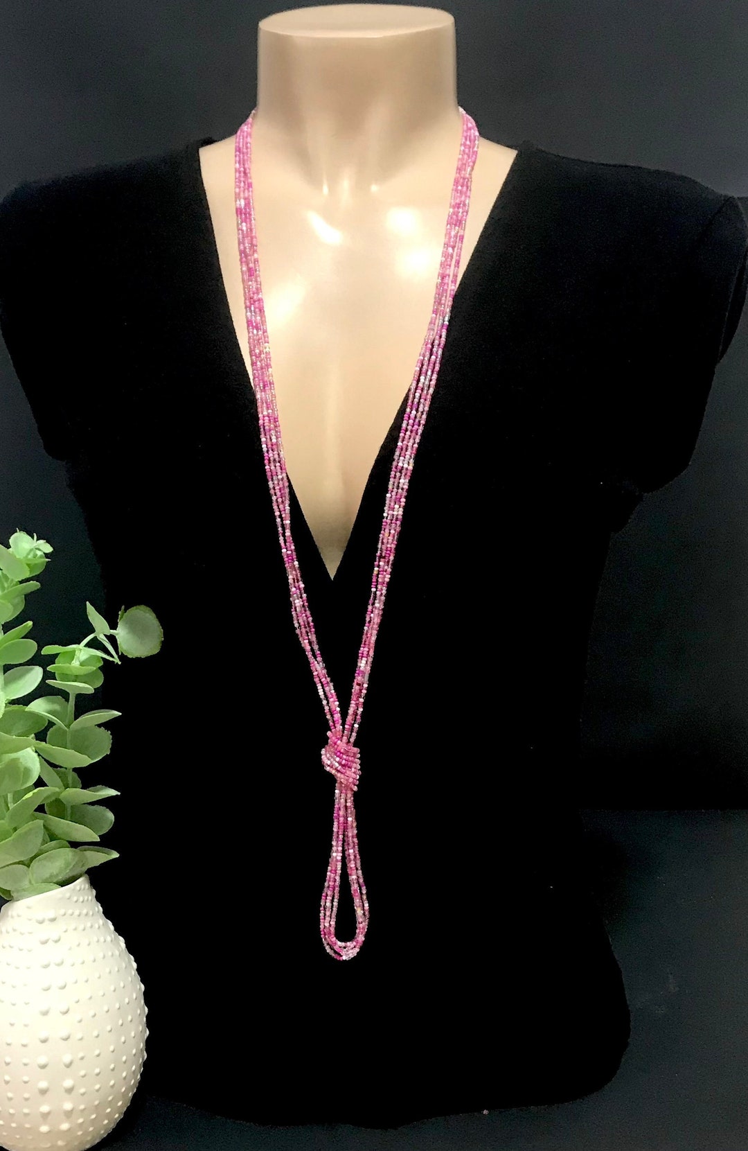 Pink Long Boho Beaded Necklace, Ombre Pink Multi Strand Necklace ...