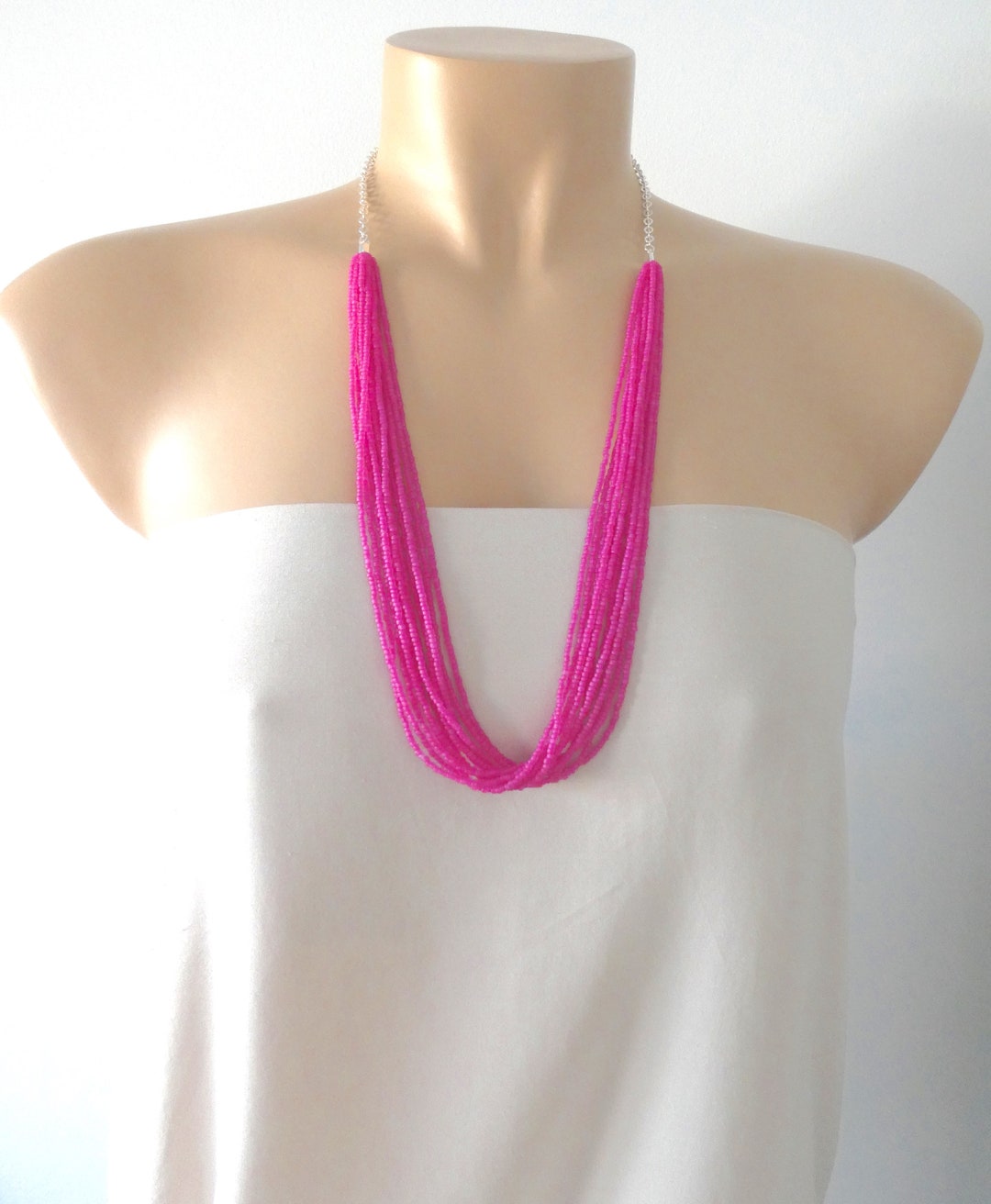 Long Hot Pink Necklace,fuchsia Beaded Necklace,neon Pink Statement ...