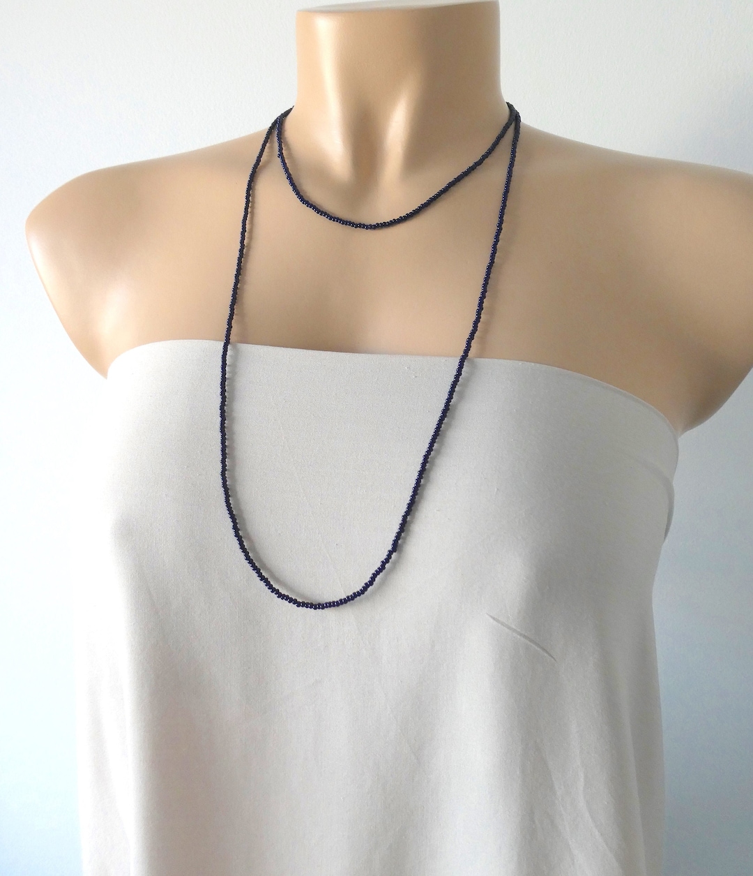 Long Boho Navy Blue Necklace , Layering Beaded Dainty Necklace ...