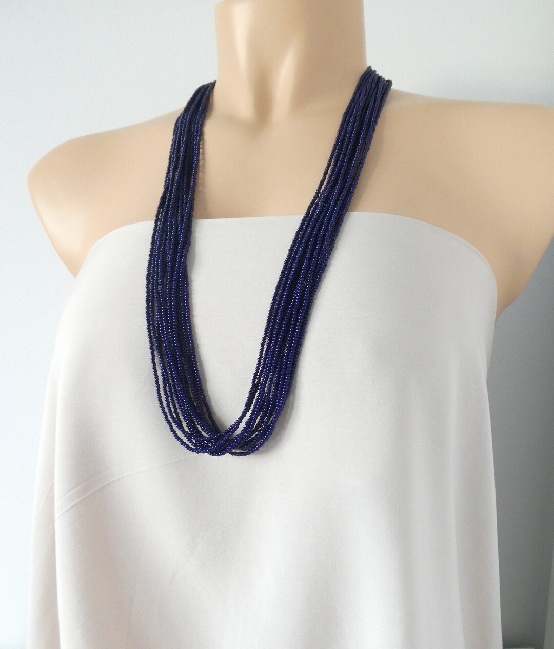 Long Beaded Navy Blue Necklace, Dark Blue Necklace, Wedding Necklace ...
