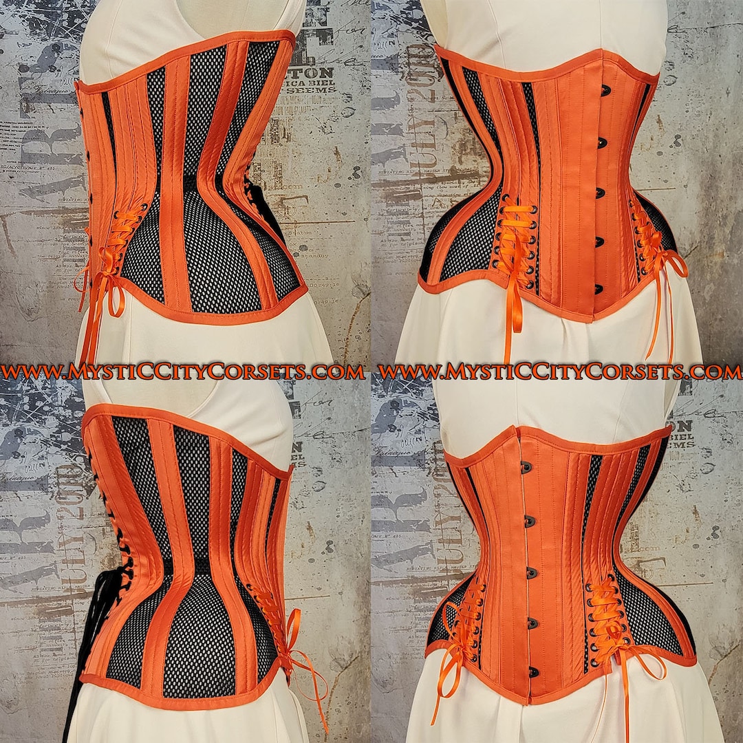 MCC-61 Orange Satin/black Mesh Underbust Waist Training Tightlacing ...