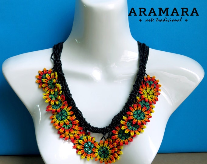 Mexican Huichol Beaded Flower Necklace Bracelet And Earrings Set Jgo