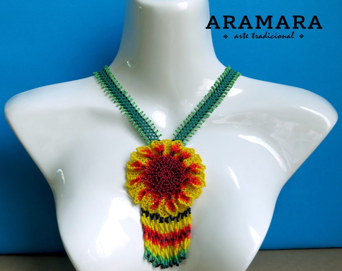 Mexican Huichol Beaded Yellow Flower Necklace Cfg 0059 Mexican Necklace
