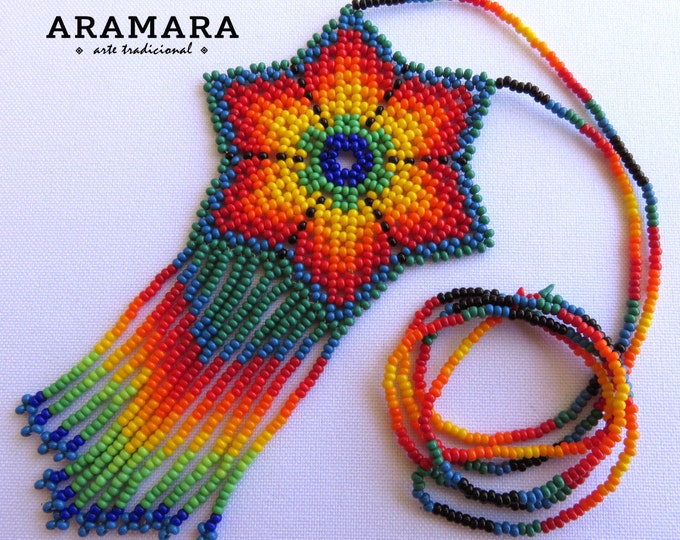 Mexican Huichol Beaded Orange Flower Necklace Cfm 0025 Huichol Mexican