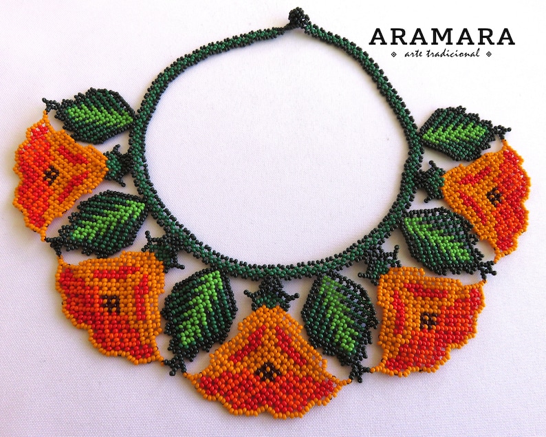Mexican Huichol Beaded Flower Necklace And Earrings Set Etsy