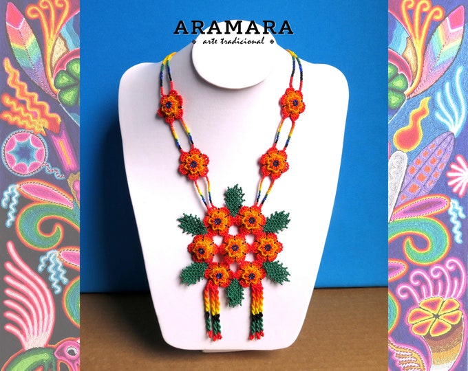 Huichol Necklace Mexican Jewelry Flower Necklace Native American