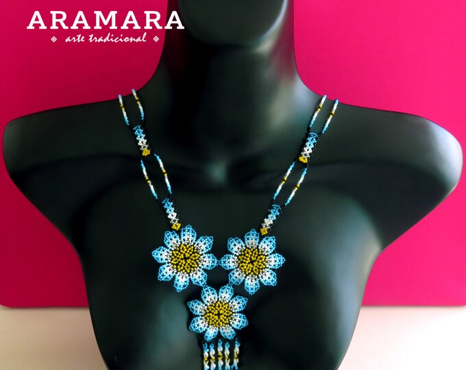 Mexican Huichol Beaded Flower Necklace And Earrings Set Jgo 0028