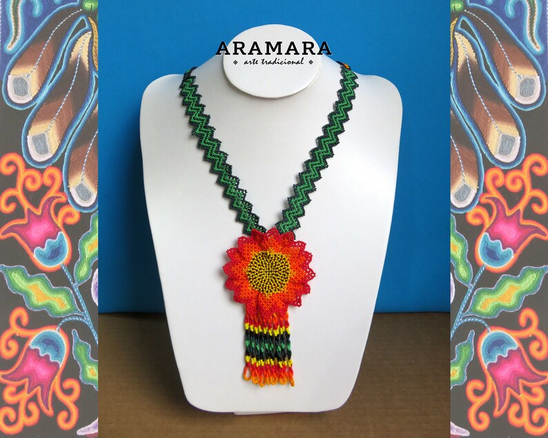 Mexican Necklace Flower Necklace Huichol Jewelry Mexican Etsy