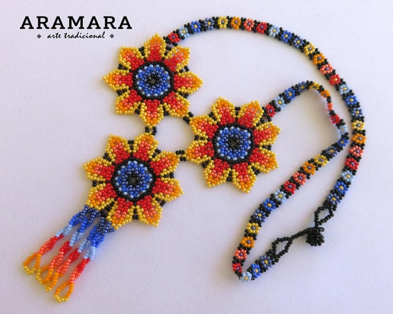 Huichol Necklace Native American Necklace Mexican Jewelry Mexican Necklace Beaded Flower Flower Necklace Huichol Jewelry CFM 0140 Etsy