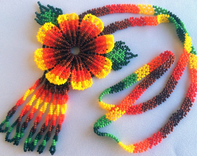 Mexican Huichol Beaded Flower Necklace Etsy
