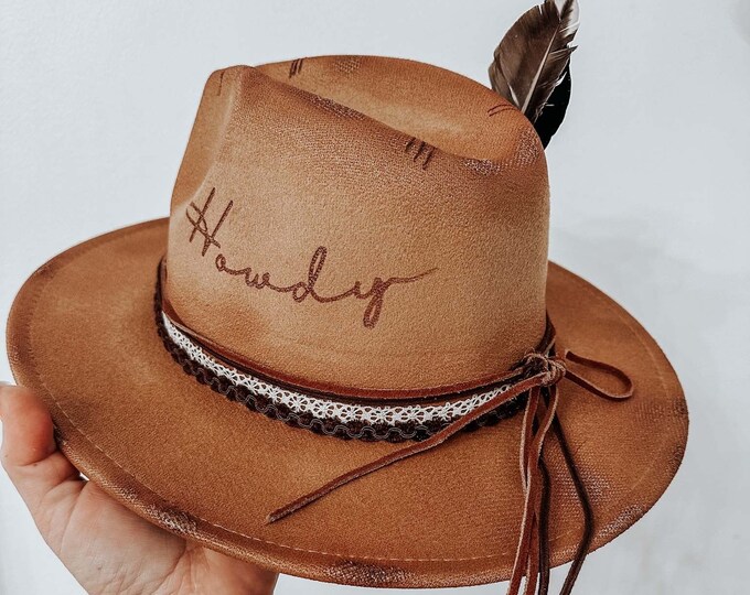 Branded Cowboy Hat, Distressed Cowgirl Hat, Burned Wide Brim Hat ...