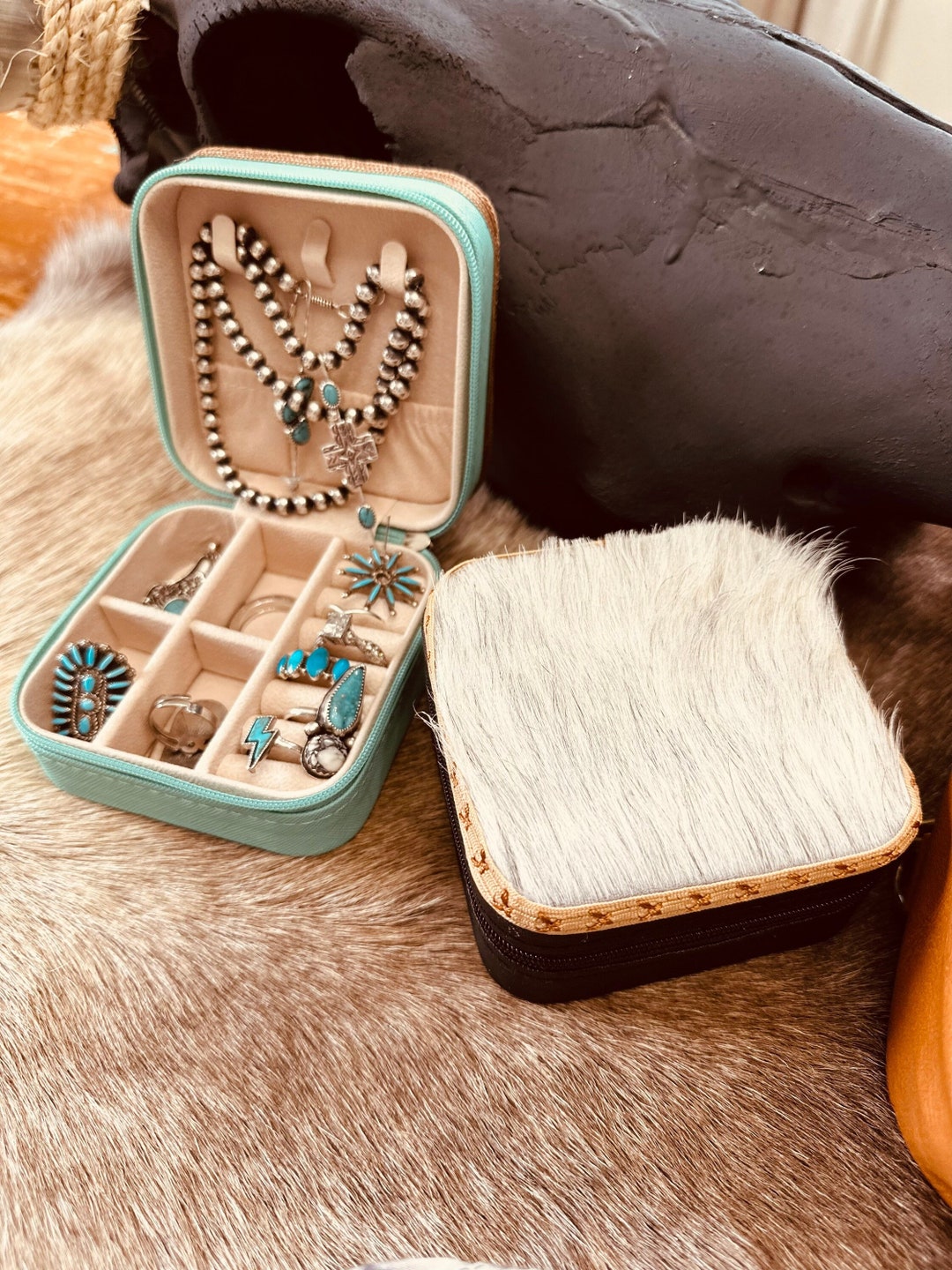 Cowhide Jewelry Organizer Travel Case / Jewelry Organizer Box / Ring ...