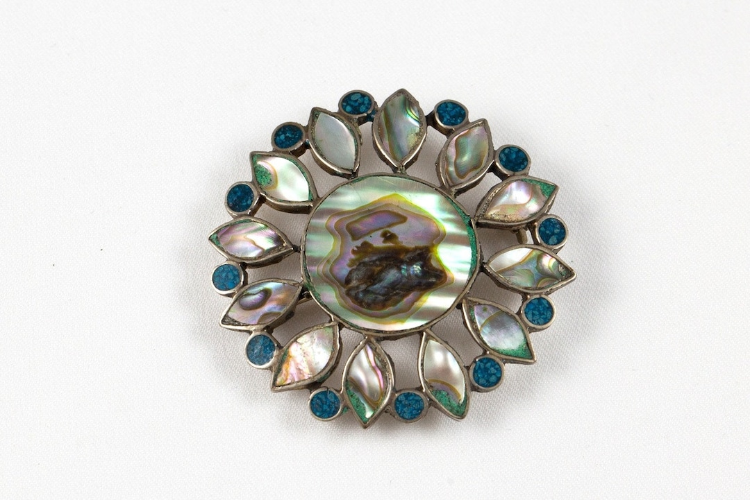 Vintage Floral Motif Abalone Shell & Turquoise Brooch Marked Alpaca ...