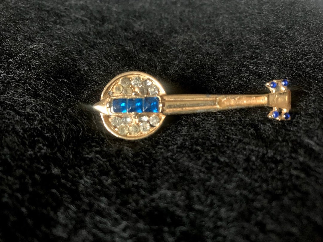 Vintage Banjo Brooch With Blue and Clear Rhinestones - Etsy