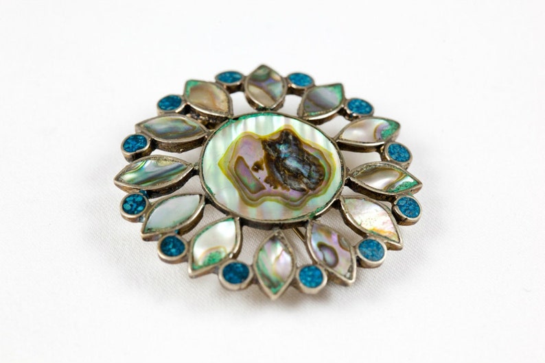 Vintage Floral Motif Abalone Shell & Turquoise Brooch Marked Alpaca ...
