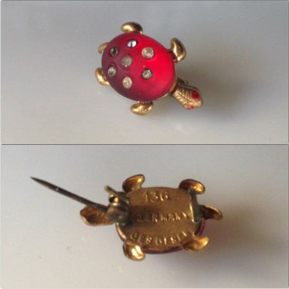 Vintage turtle brooch, red eye turtle pin, rhinestone… - Gem
