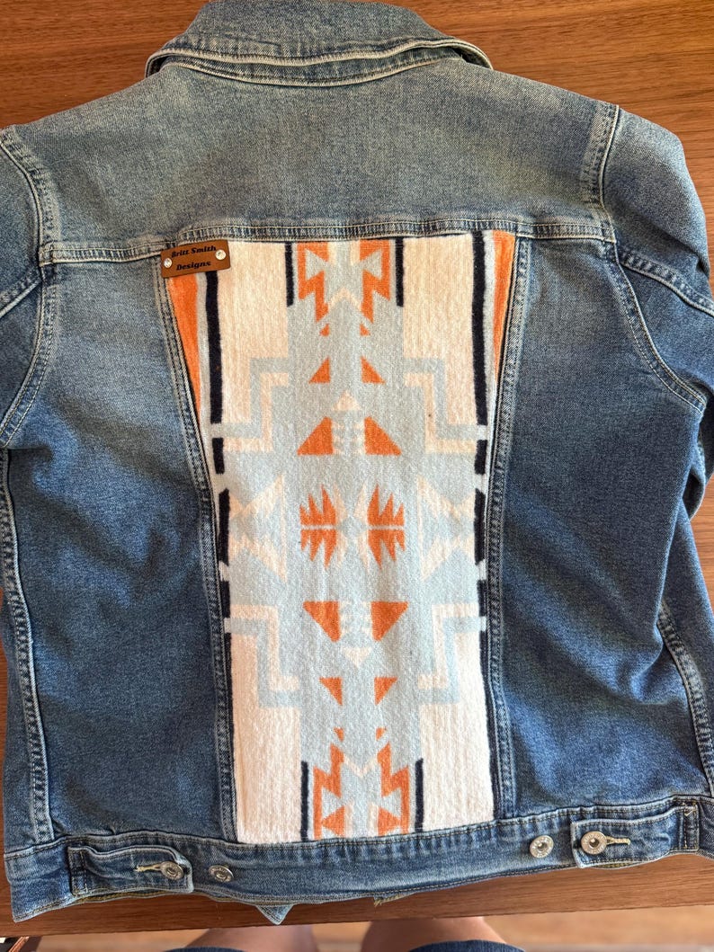 Upcycled Denim Jacket – Size Large – Orange + Sky Wool Panel – Britt Smith Designs - Etsy