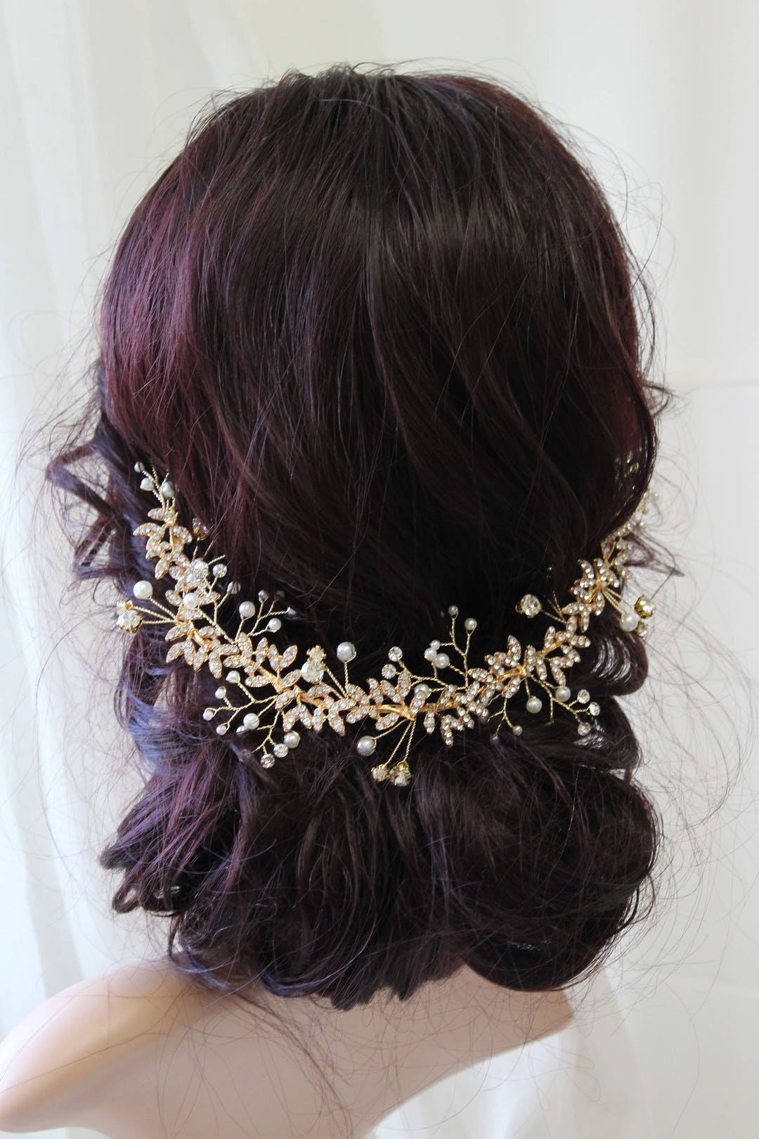 Gold Bridal Back Headpiece, Bridal Headband , Leaf Pearl Rhinestone ...