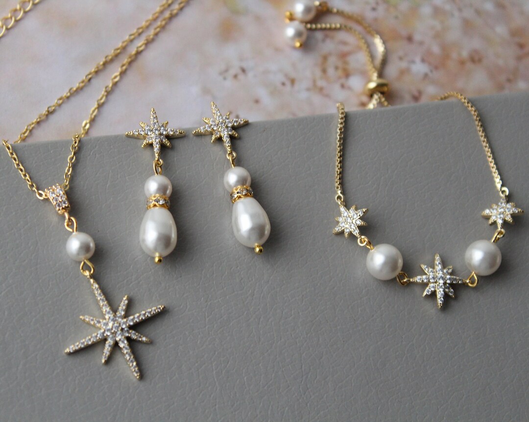 Gold Celestial Star Bridal Jewelry Set Wedding Necklace and Earrings ...