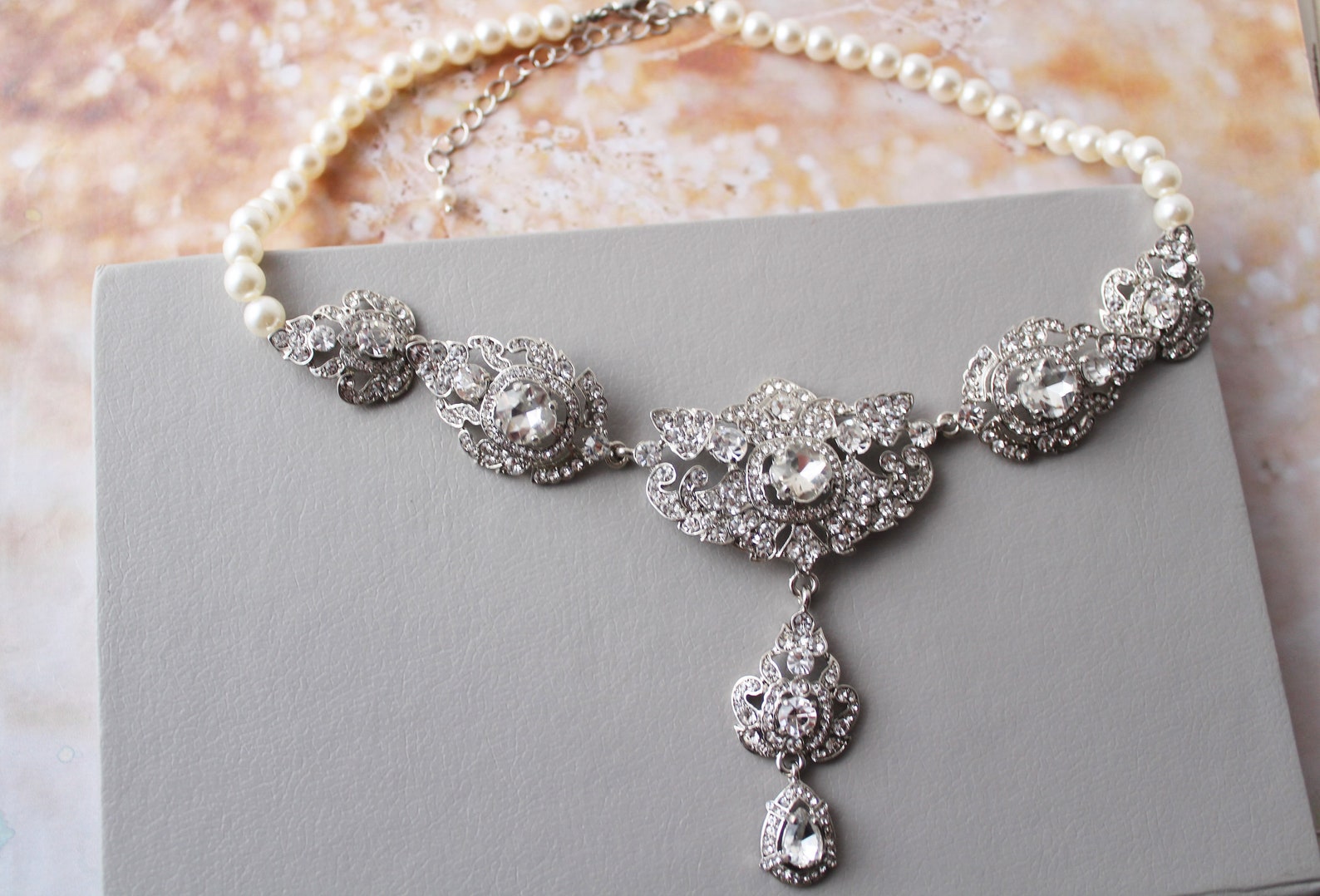 Vintage Style Bride Drop Necklace Crystal and Pearl - Etsy UK