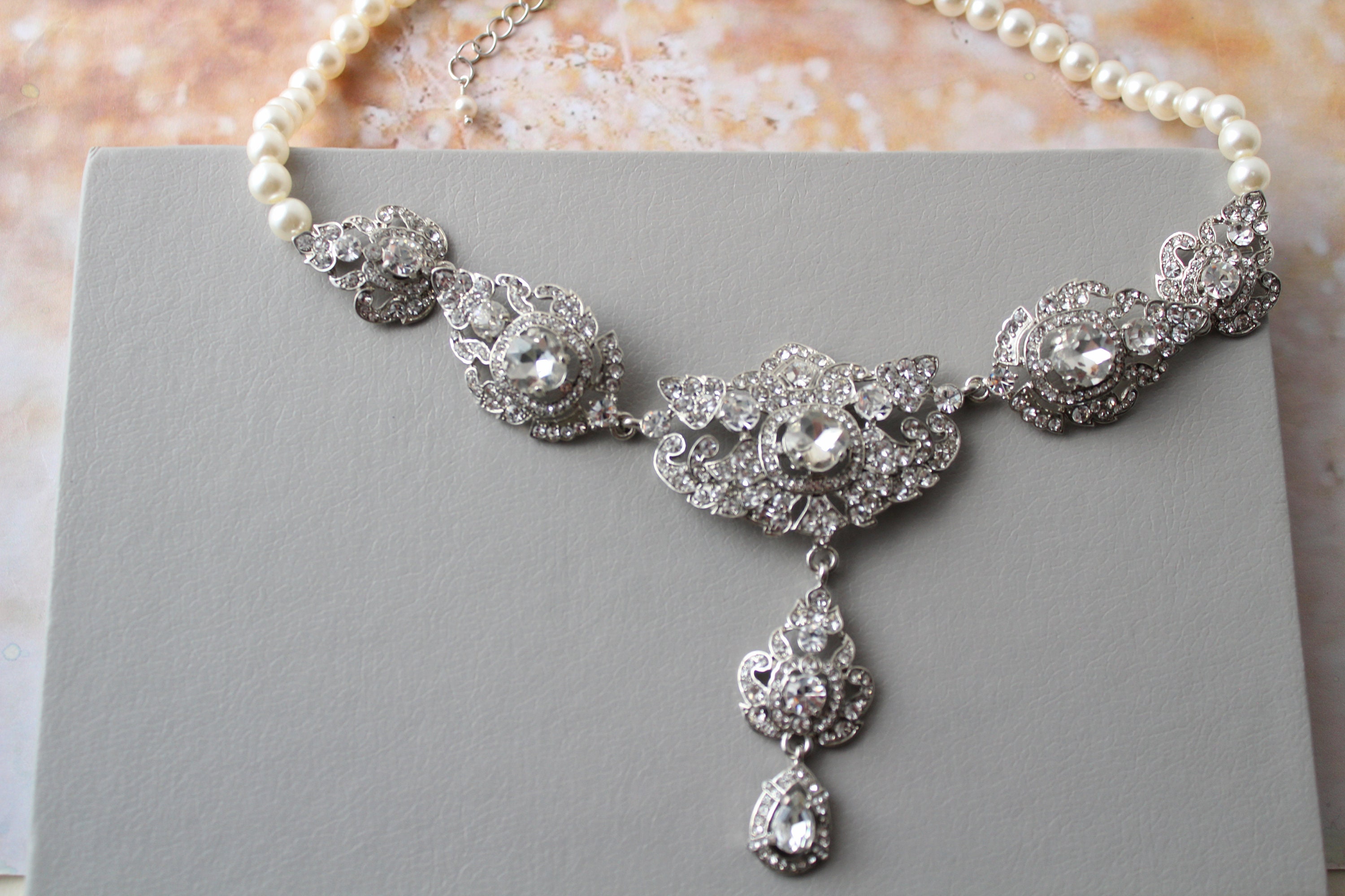 Vintage Style Bride Drop Necklace Crystal and Pearl - Etsy UK