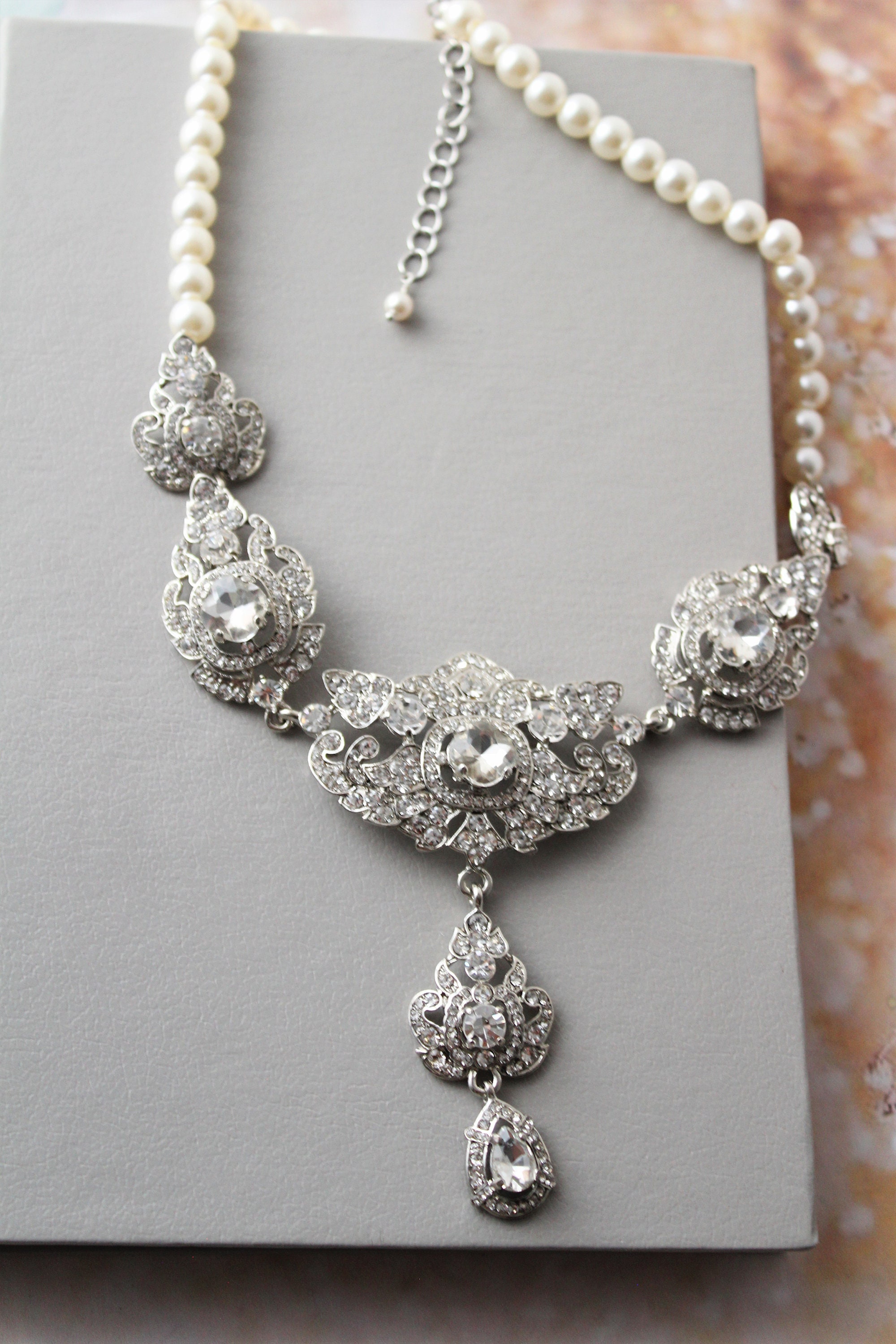 Vintage Style Bride Drop Necklace Crystal and Pearl - Etsy UK