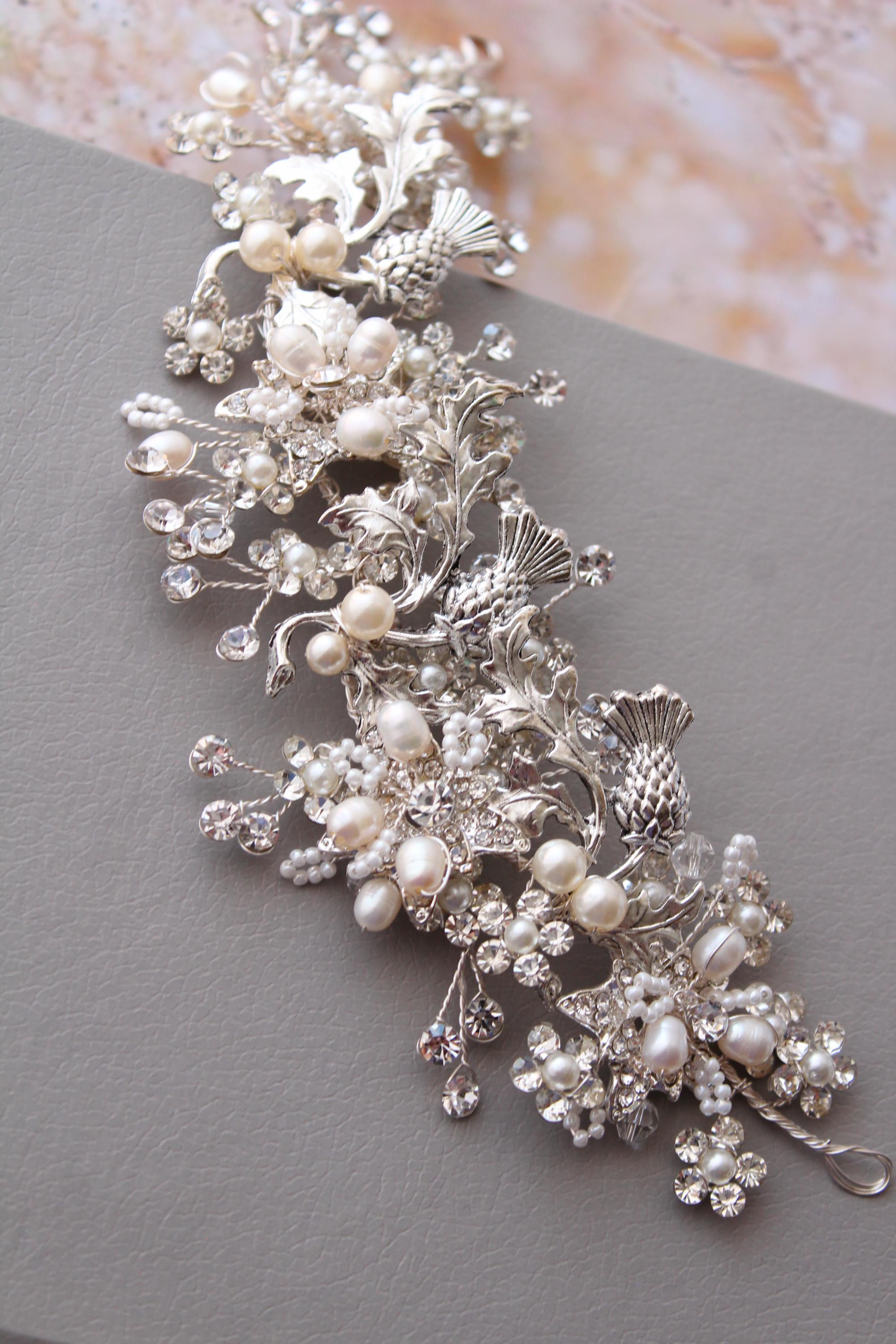 Silver Floral Hair Vine, Scottish Thistle Bridal Headpiece, Bridal Hair ...