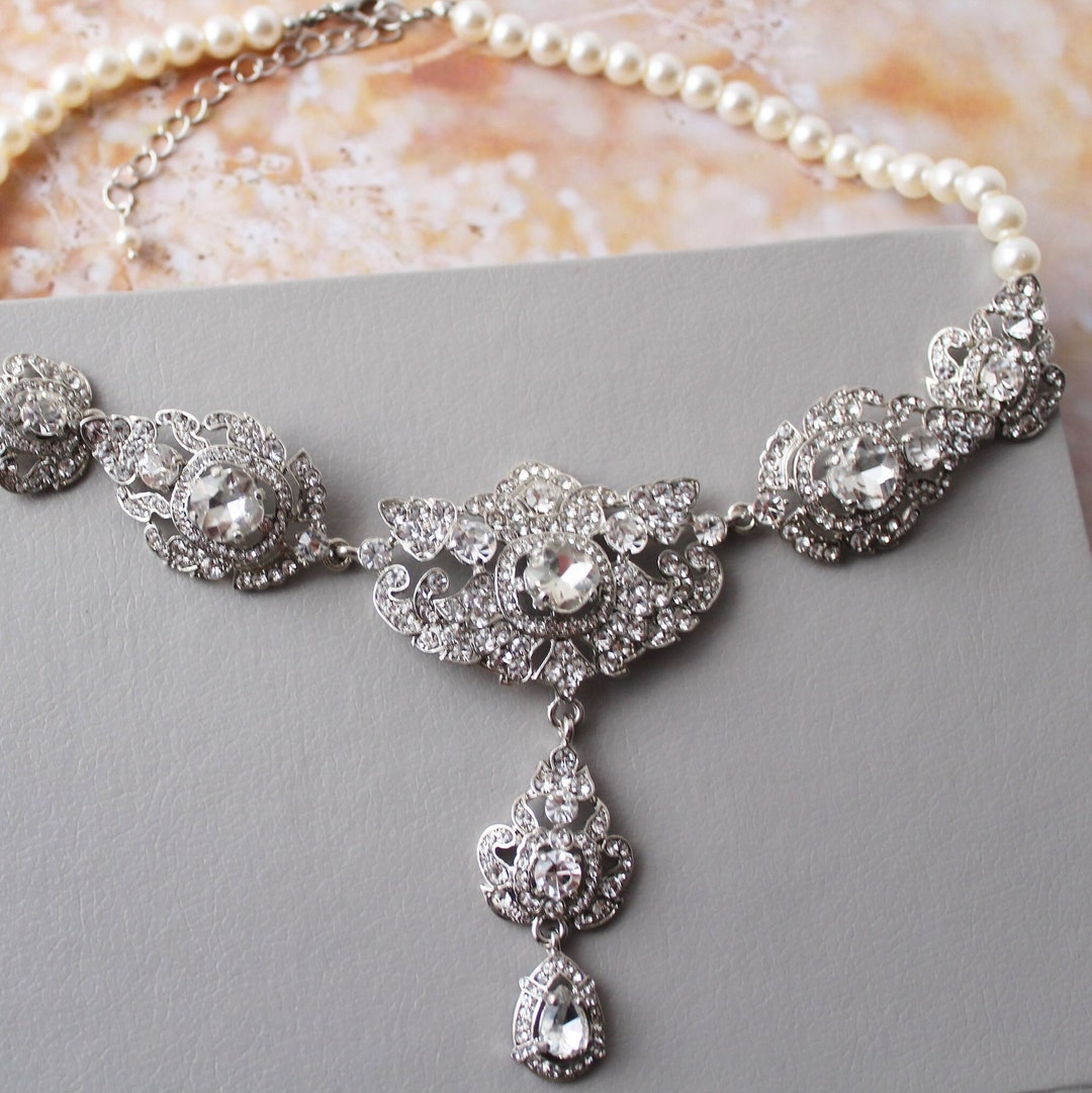 Vintage Style Bride Drop Necklace , Crystal and Pearl Necklace, Bridal ...